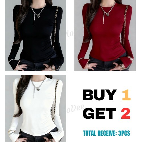 Buy 1 Take 2 = 3 Double Lining Lonsgleeves Basic Solid Top Body Hugging ...