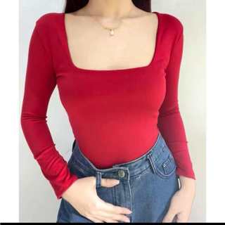 Drea Squareneck Red Color for Christmas Cotton Plain Longsleeve Top XS ...