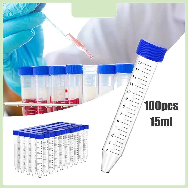 100Pcs 15ml Plastic Centrifuge Tube Clear Conical Bottom With Blue Cap ...