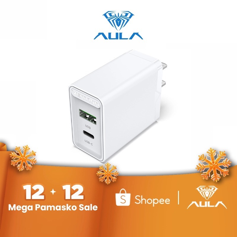 AULA&Vention 2-Port USB(A+C) Wall Charger (18W/20W) EU-Plug | Shopee ...