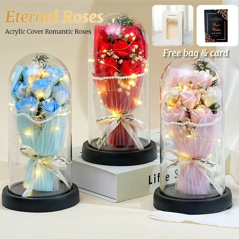 7Pcs Eternal Roses Flower Bouquet with Led Light Acrylic Cover Dome ...