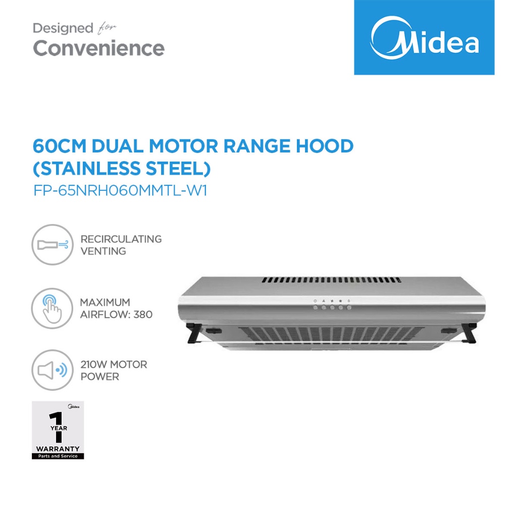 Midea 60cm Range Hood Slim Single/Dual Motor Black & Stainless Steel ...