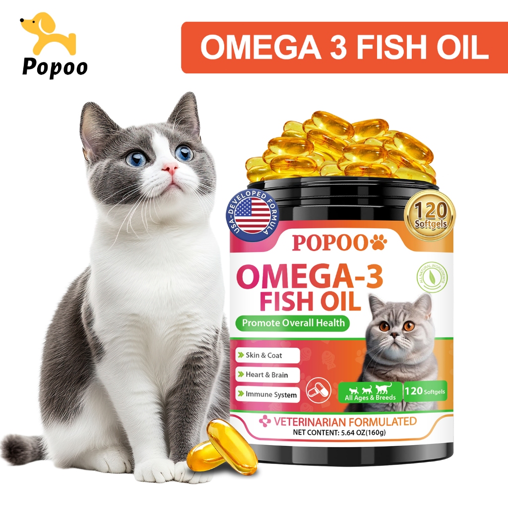 Popoo Omega 3 Fish Oil Supplement for Cat Skin Heart Immune Health Cat Vitamins Treats 120 ...