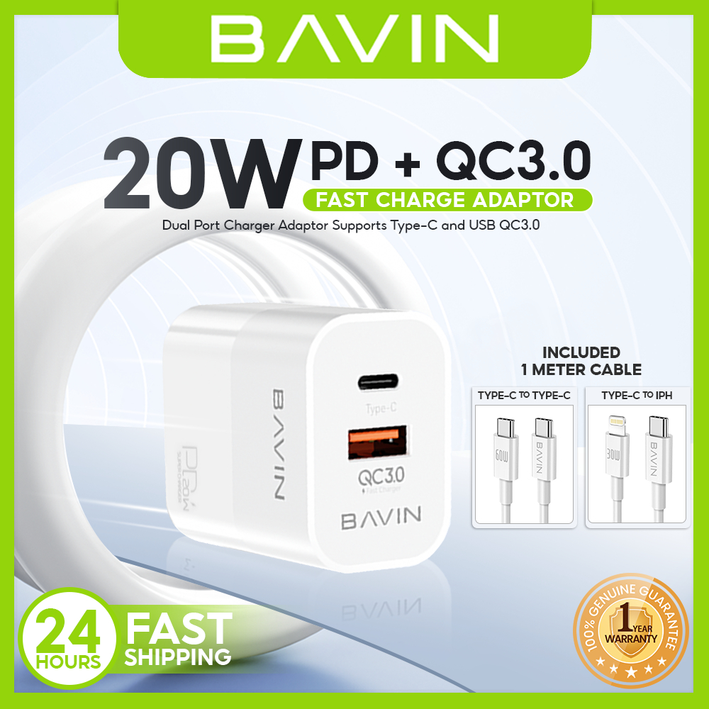 BAVIN PC963 20W PD Fast Charging AC Adapter w/ Dual Port Type-C & USB ...