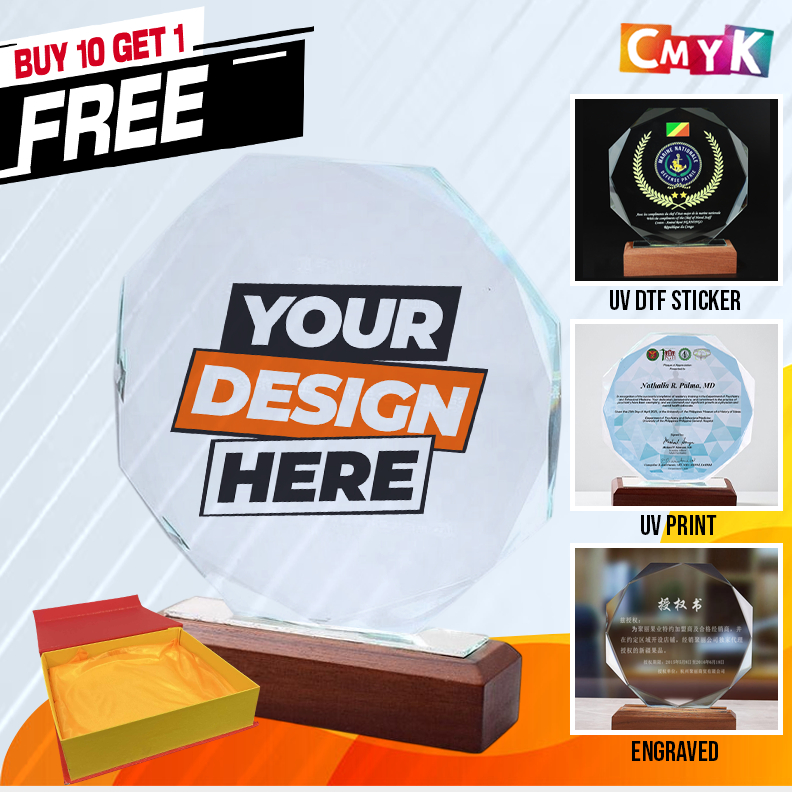 CMYK Customized Engraved Wood Base Octagon Crystal Glass Plaque Recognition/Award Trophy With ...