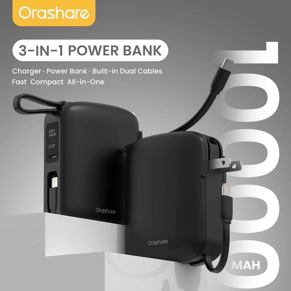 Orashare AC10 10000mAh 3-in-1 Power Bank with Foldable AC Plug, Built ...