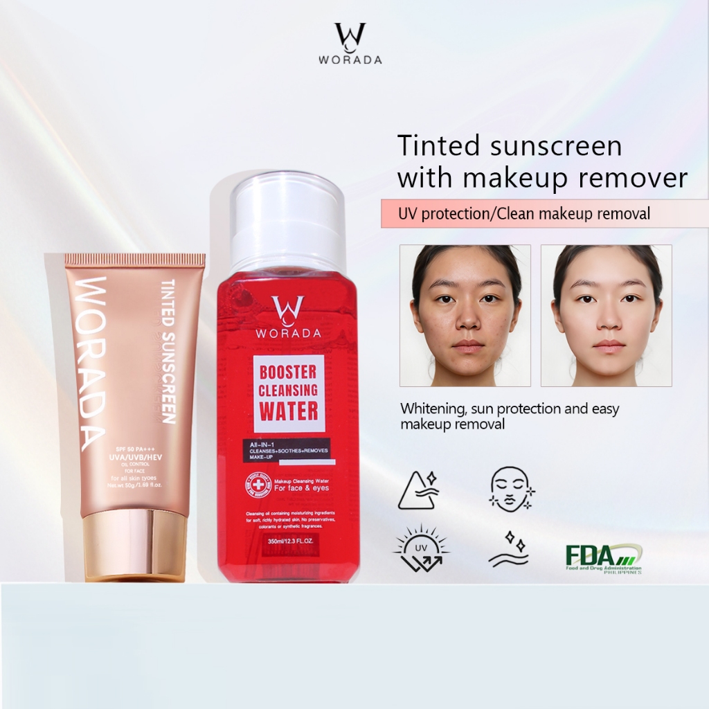WORADA Tinted Sunscreen SPF50 PA+++ + Gentle Makeup Remover Set | Oil ...