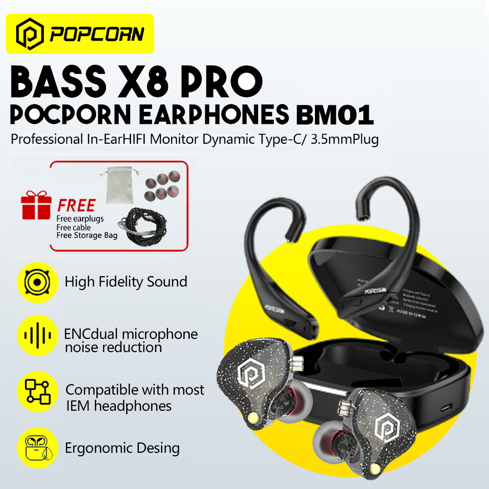 POPCORN BASS X8 Pro Earphone plus BM01 Bluetooth 5.3 Earhook Headset ...