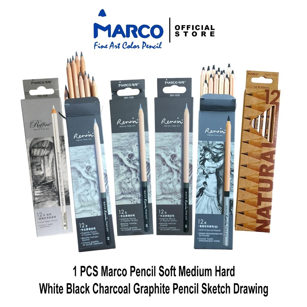 1 PCS Marco Pencil Soft Medium Hard White Black Charcoal Graphite ...