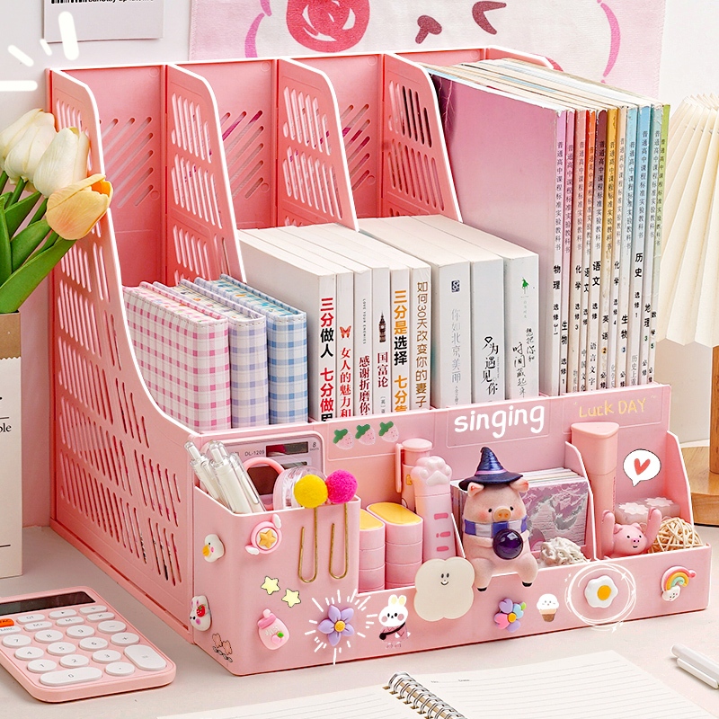 Pink 4-Tier Paper Organizer, Desktop File Holder Letter Tray for Office ...