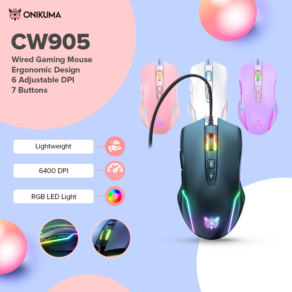 ONIKUMA CW905 6400 DPI Wired Gaming Mouse with Breathing RGB Colors ...