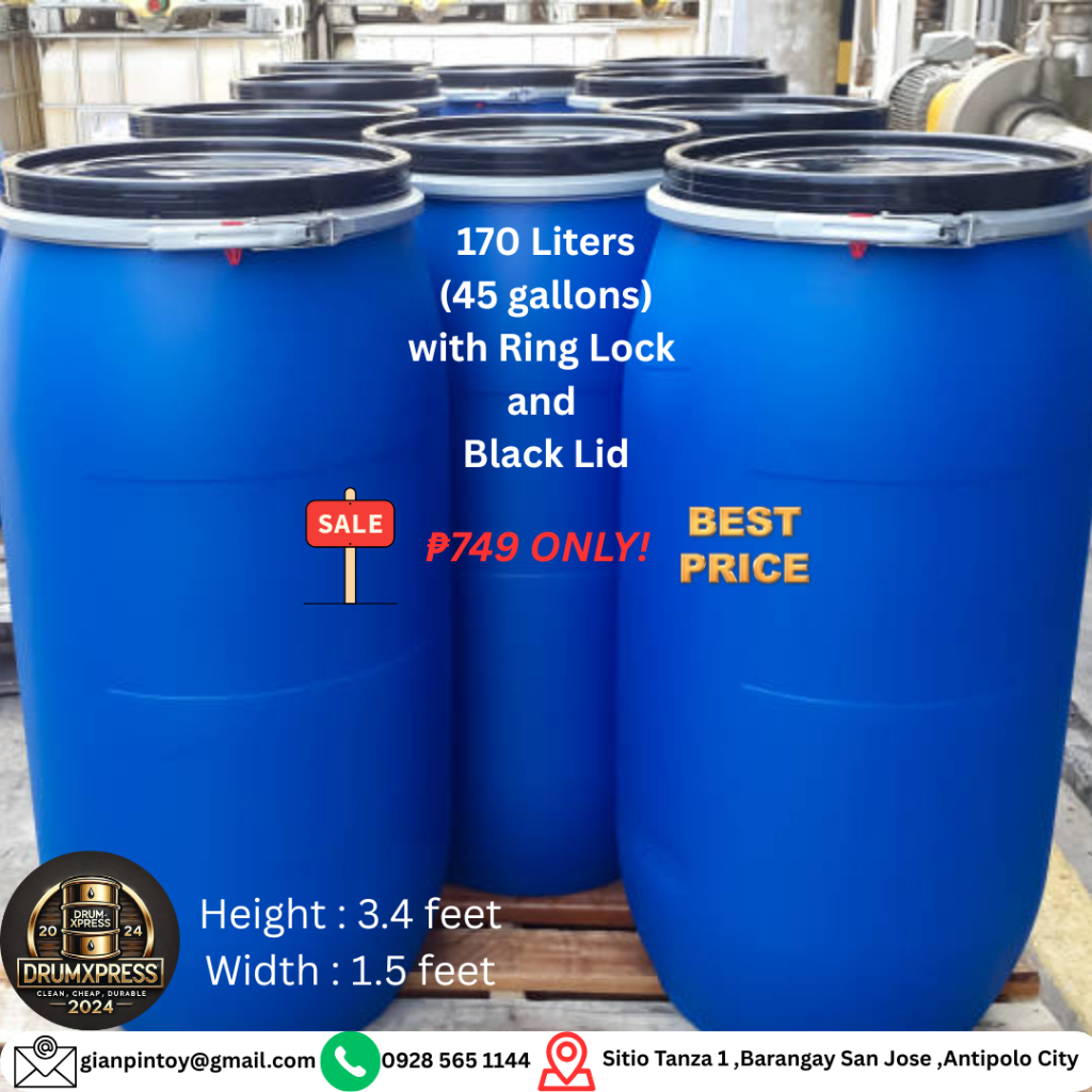 170 Liter Blue Plastic Container Drum with Lid and Ring Lock | Heavy ...