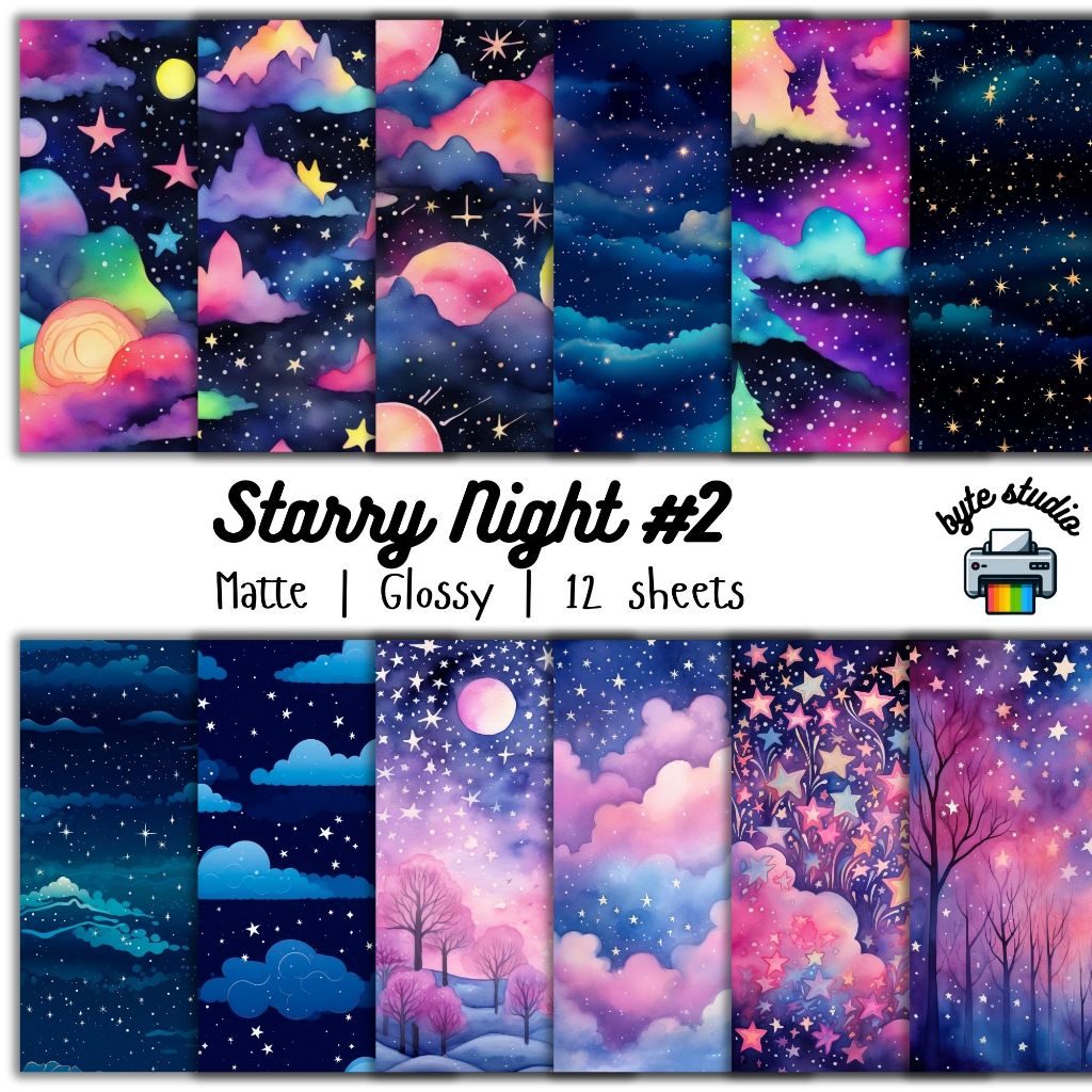 12 Sheets Starry Night #2 by byte studio | Cardstock Craft Paper Junk Journal Stationery ...
