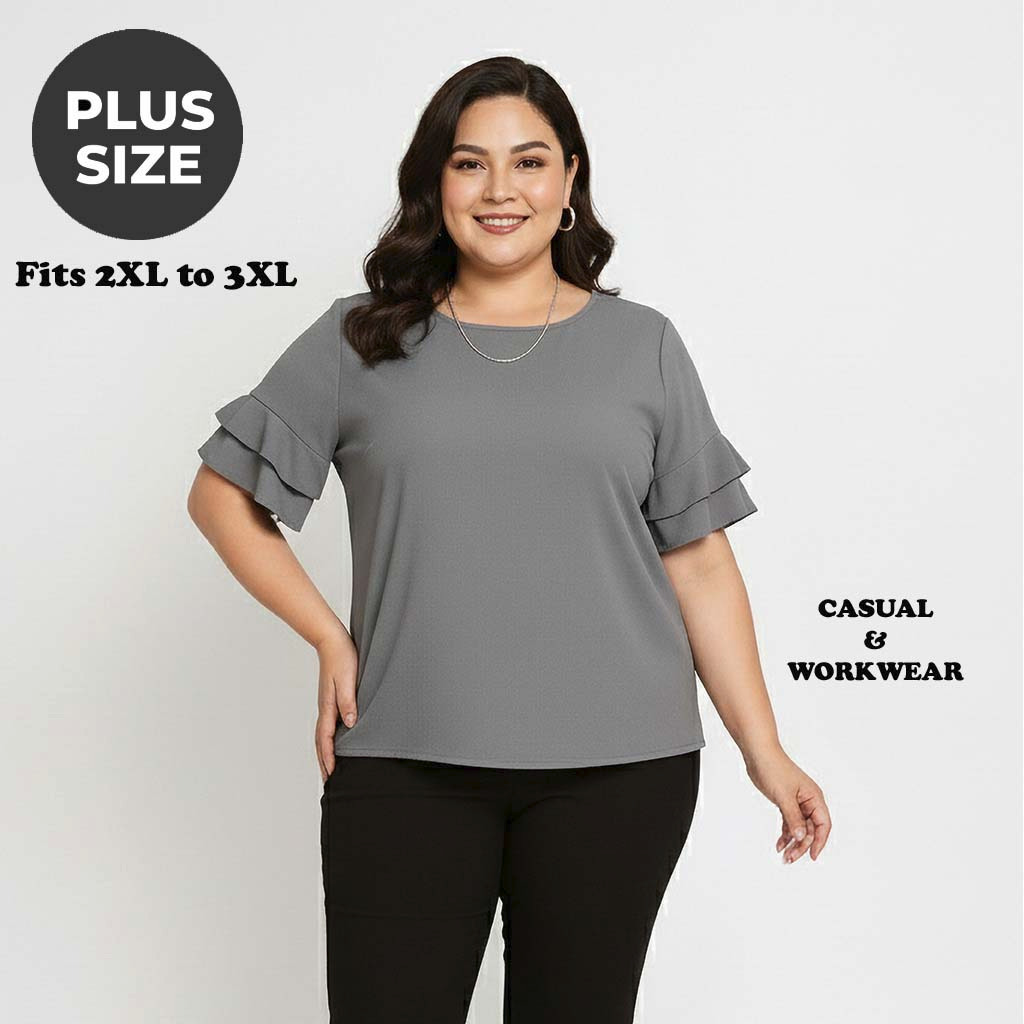 Plus Size 2-Layer Gray Ruffle Sleeve Blouse - Flattering Fit for Casual ...