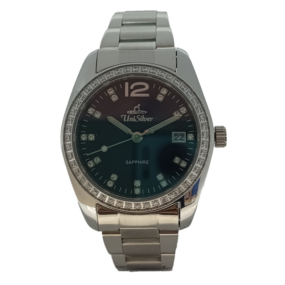 UniSilver TIME Women's Silver/Navy Blue Dial w/ Stones Analog Stainless ...