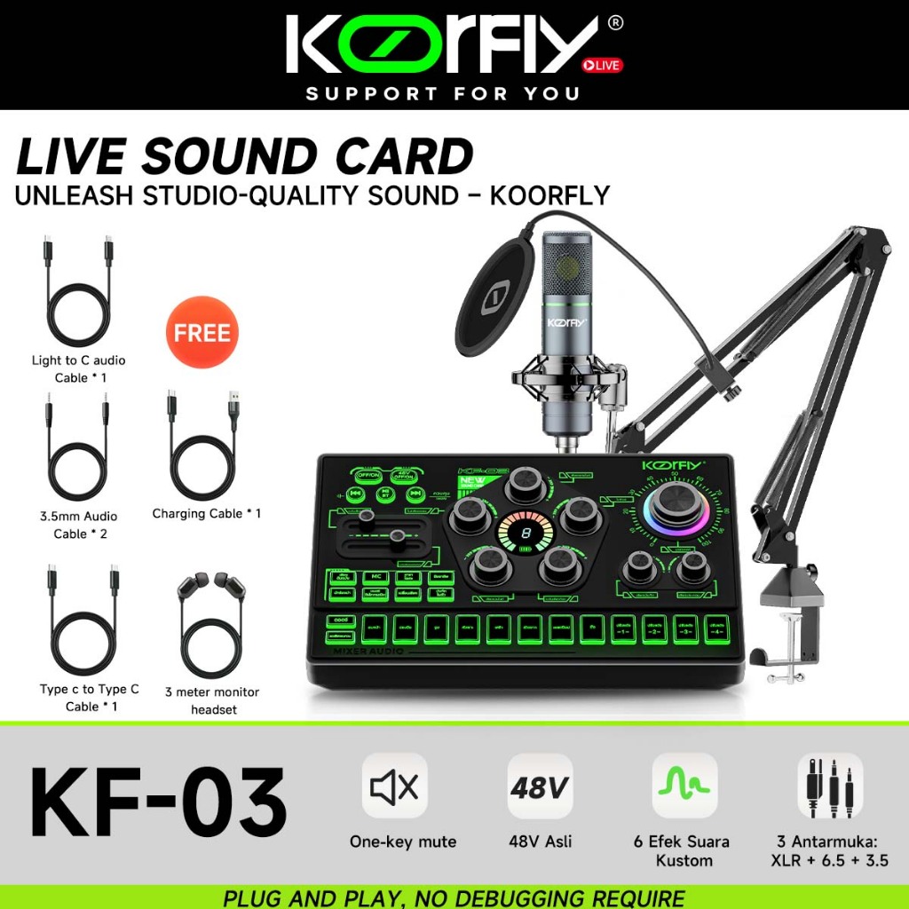 KOORFLY KF03 Live Sound Card 48V Audio Mixer for Streaming with Voice ...