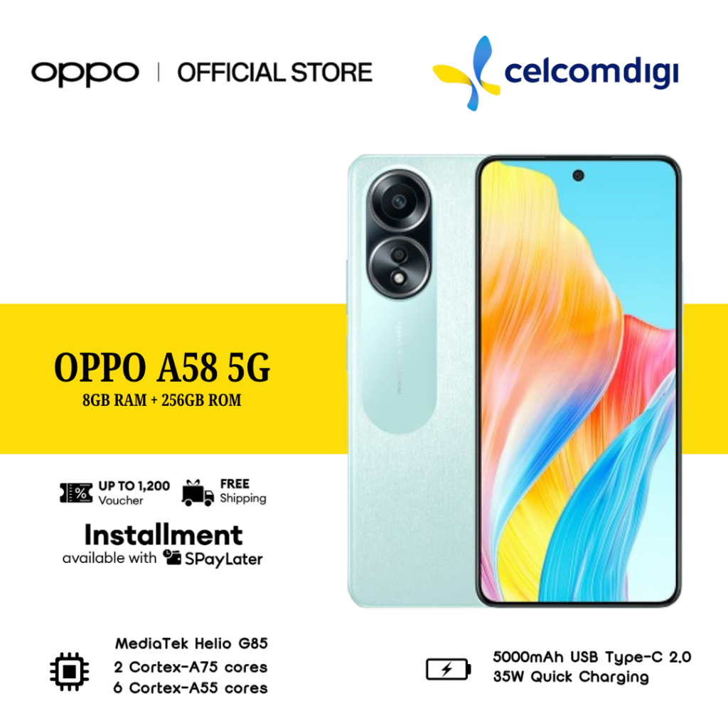 𝐎𝐏𝐏𝐎 A58 5G I 8GB RAM + 256 GB ROM I Sleek Design I High Performance I ...