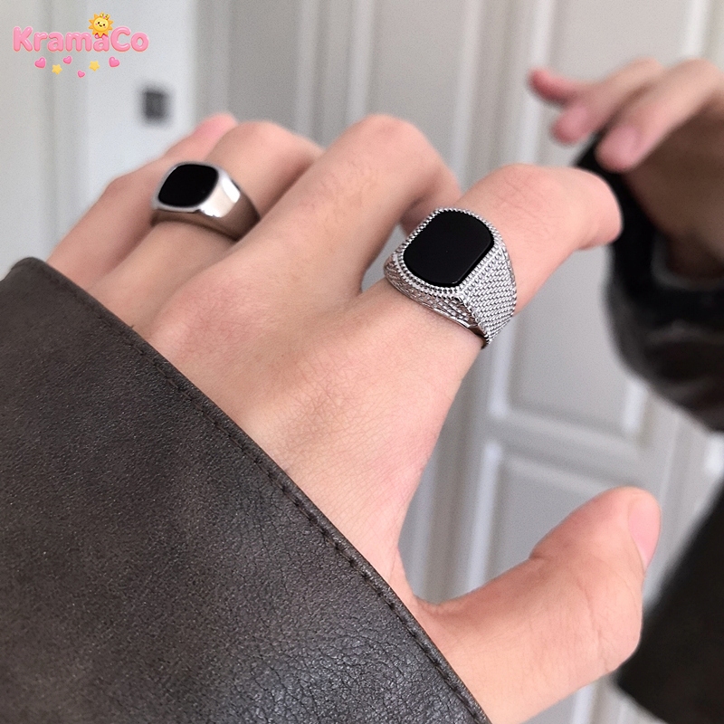 Retro Imitation Black Agate Stone Ring For Men Stainless Steel Square ...