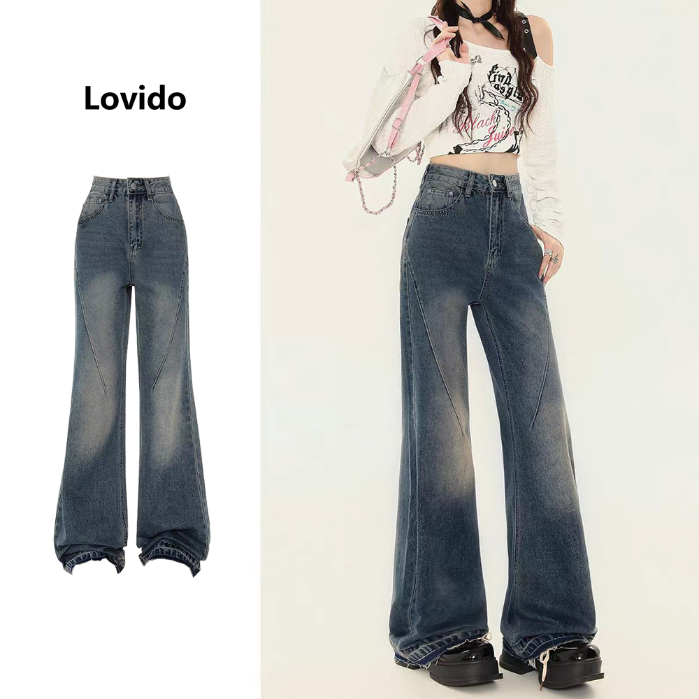 S-5XL~Flared jeans for women Raw Hem design DENIM girls retro straight ...