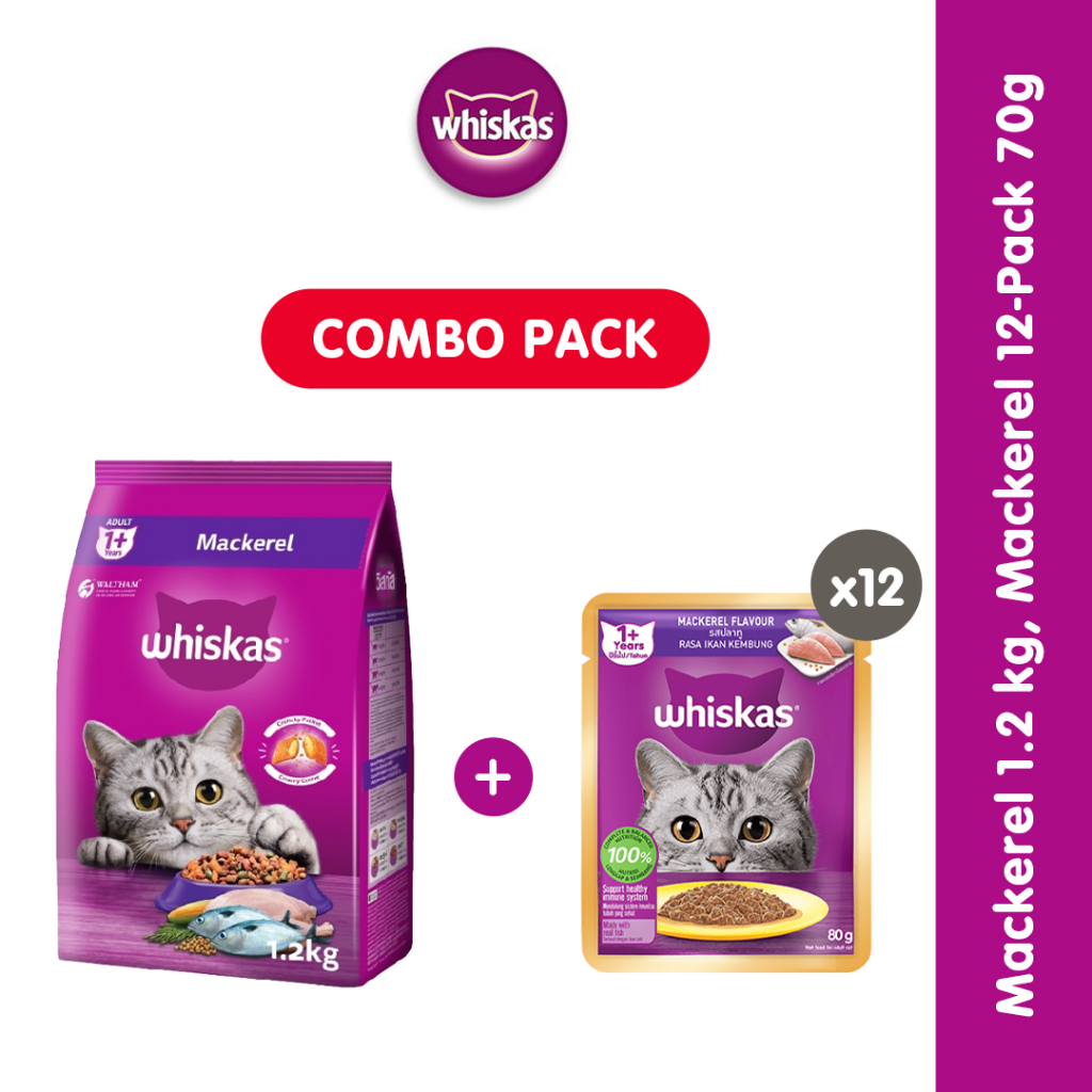 Whiskas Dry Mackerel 1.2 kg + Pouch Mackerel 12-Pack 70g | Shopee ...