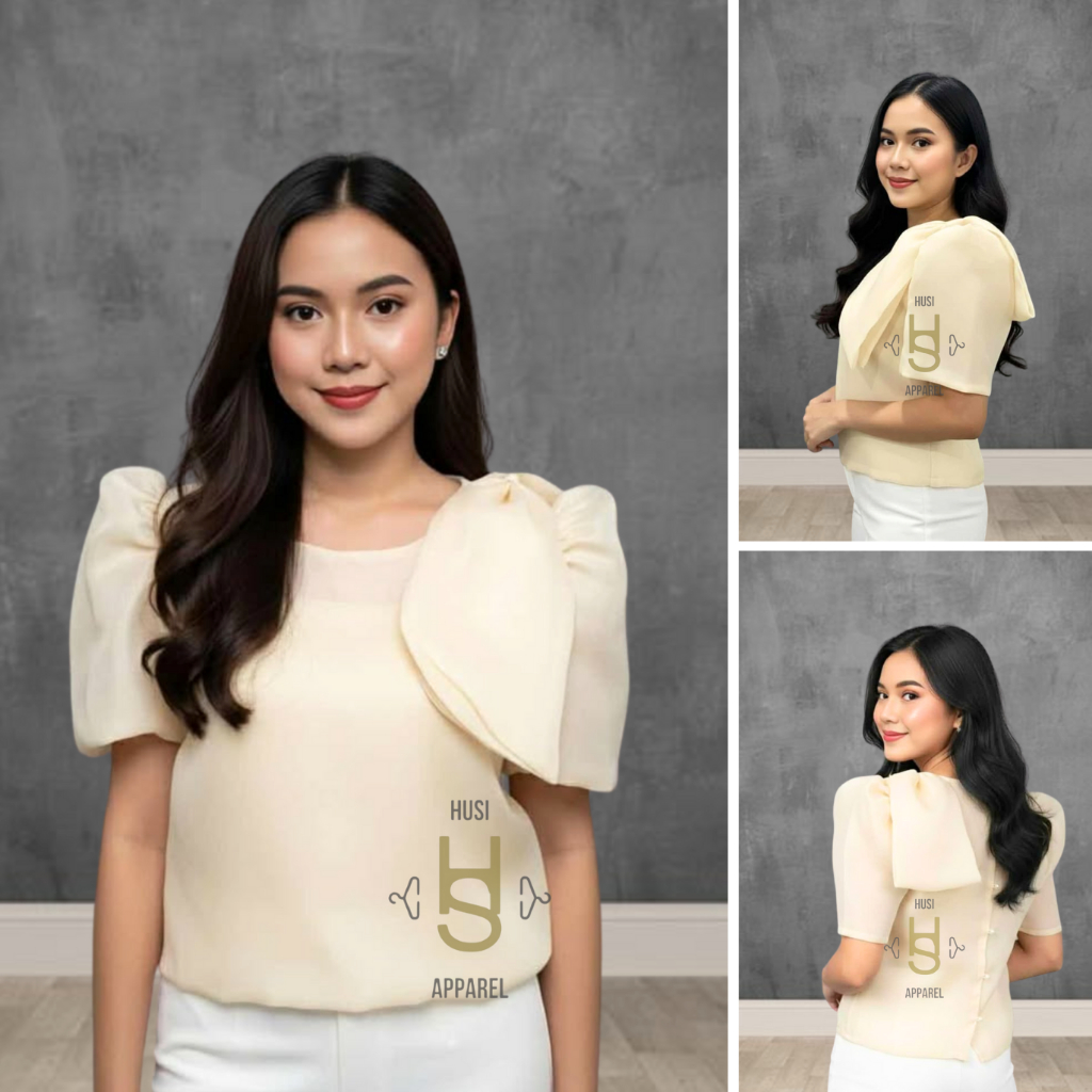 MODERN FILIPINIANA SIDE RIBBON JUCI TOP - CREAM | Shopee Philippines