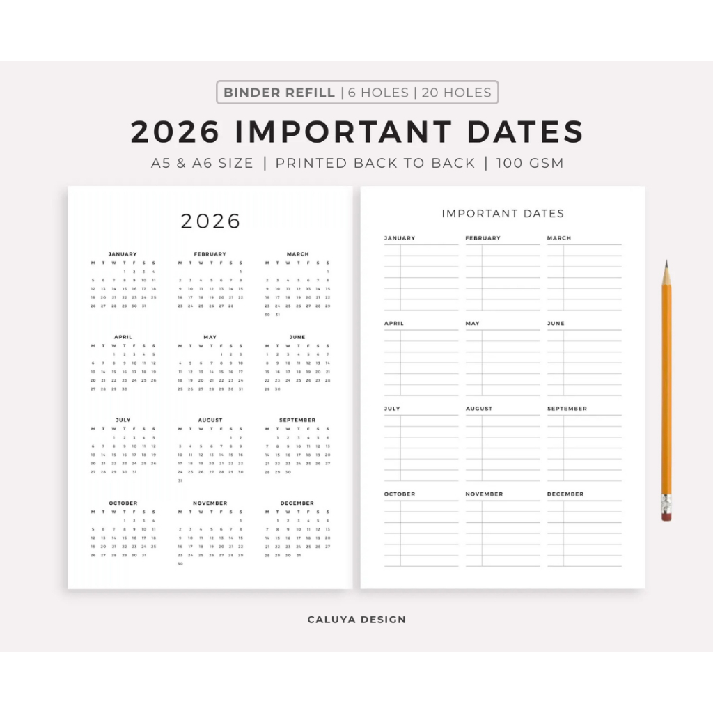 A5 A6 2026 Calendar and Important Dates Planner Binder Refill Loose ...