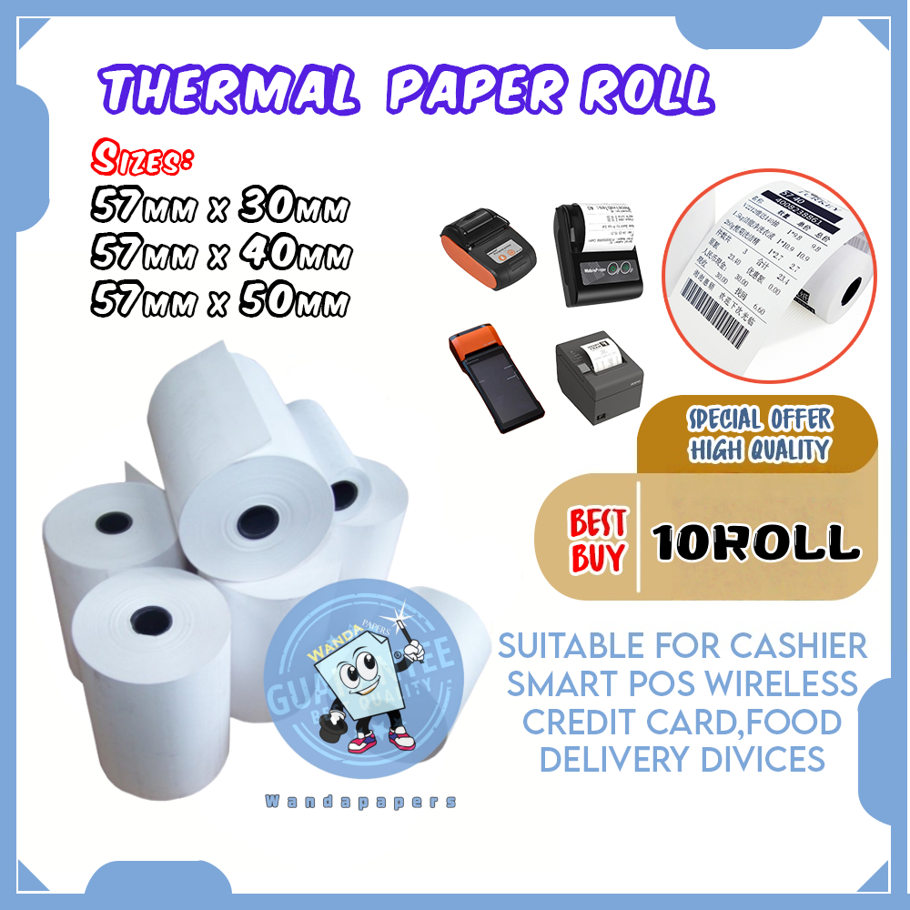 10 Roll Thermal paper 57 x 30mm 40mm 50mm for POS Paperang Foodpanda ...