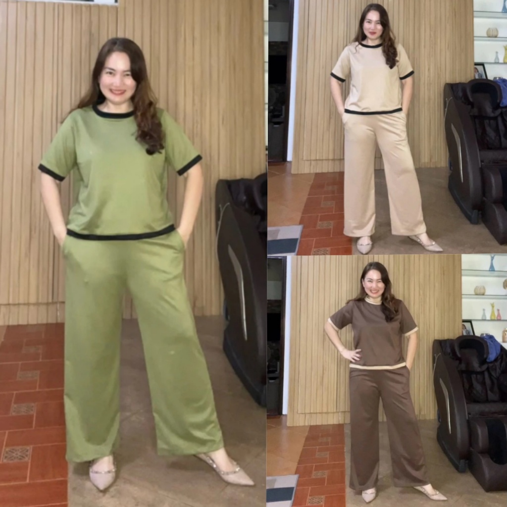 Women's Clothing Set - Mocha T-shirt & Wide-leg Pants Set Large Size ...