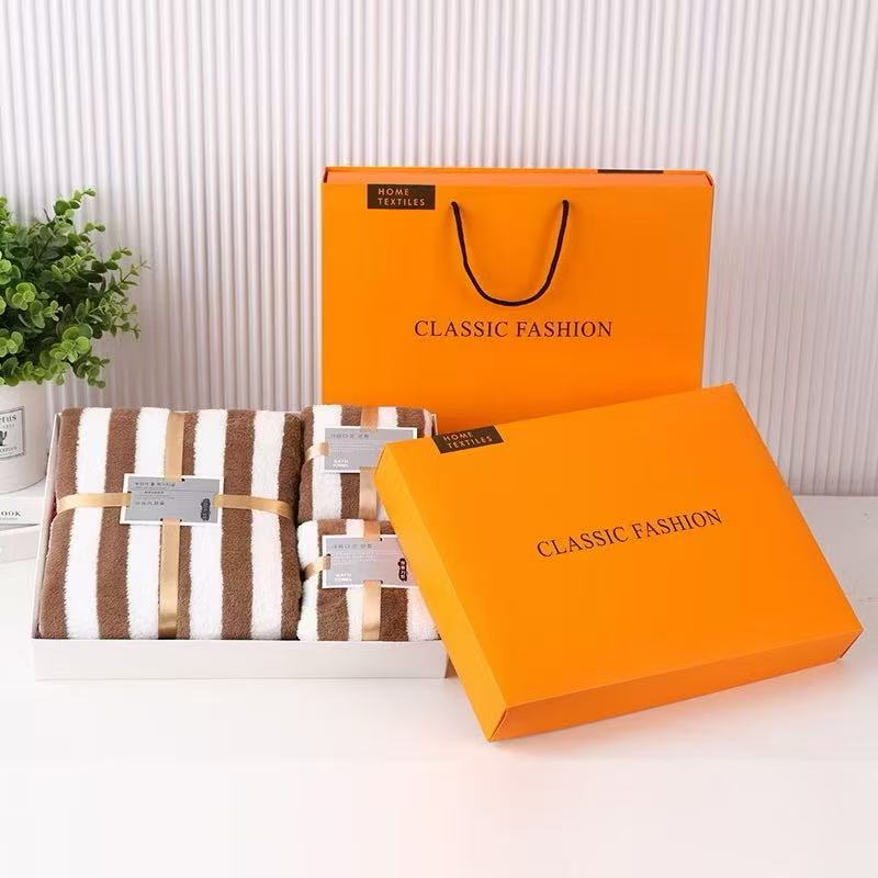 3 in 1 Towel Set Stripe Bath Towel With Gift Box Face Towel Microfiber ...