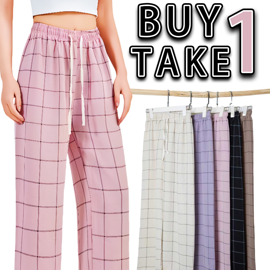 【BUY1TAKE1】Women's High Waist Checkered Pants - Loose Lightweight for ...