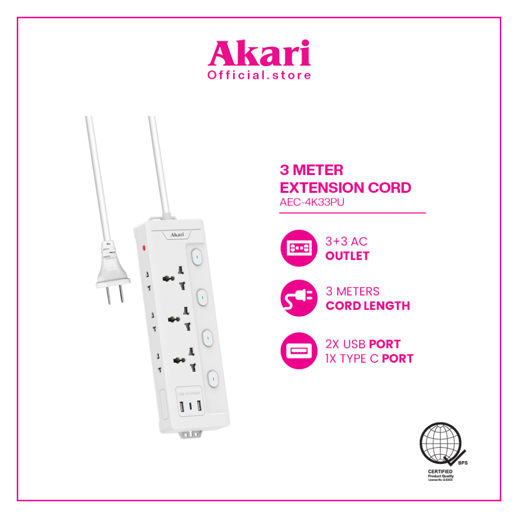 Akari Extension Cord 3 Meters 4+4 AC outlets with 2xUSB A & 1xType-C ...