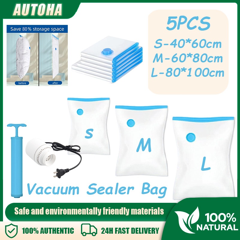 5pc Vacuum Storage Bag with Pump Household Travel Compression Bags Set ...