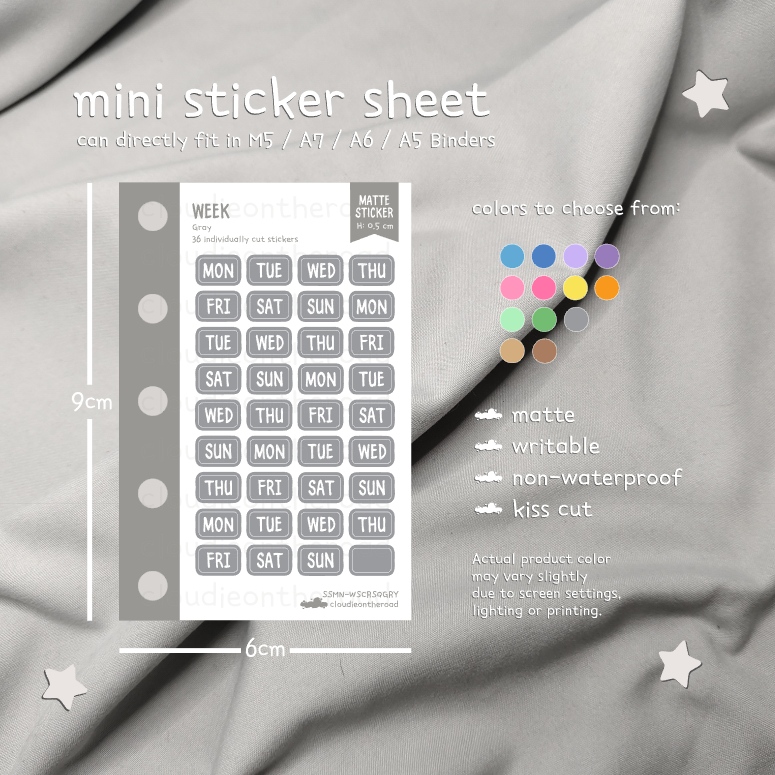 Mini Sticker Sheet Mon to Sun Days of the Week Sticker Rounded Square ...