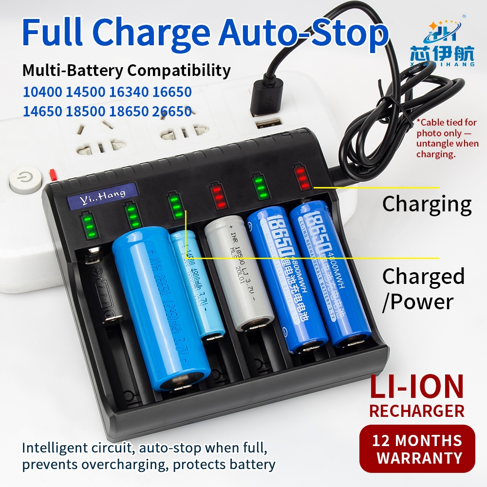USB 6-Slot Smart Li-ion Charger Auto-Stop When Full 4.2V Independent ...
