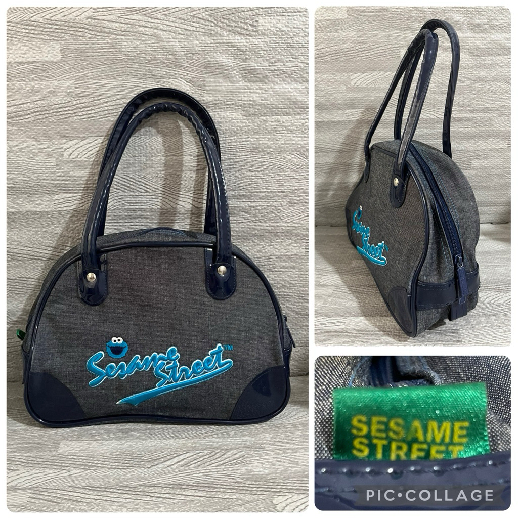 Sesame Street Denim Bowling Bag with Glossy Blue Handles - preloved ...