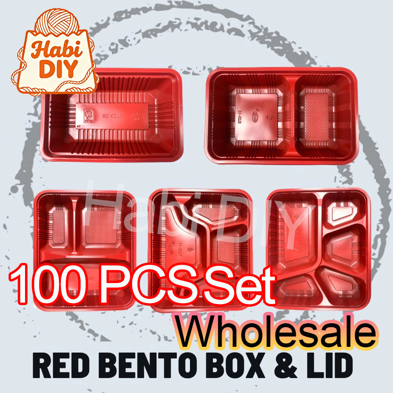 (100pcs) Thick food material red bento box 1/2/3/4/5 grid partition ...