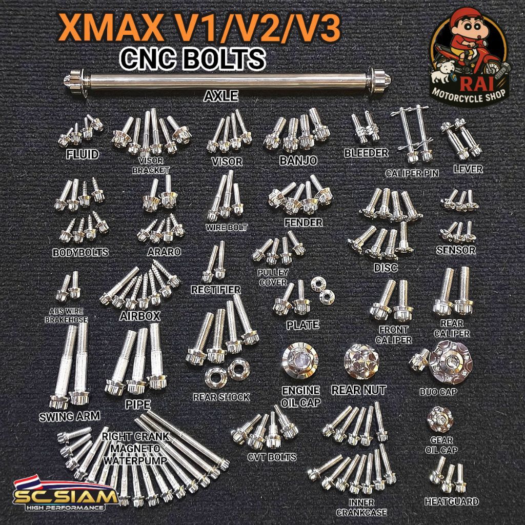 XMAX V1 V2 V3 CNC BOLTS SET - SC SIAM - WHITE GOLD - SILVER - STAINLESS ...