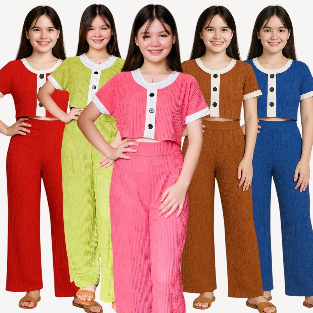 Teens Kyline Crop Top Short Sleeve Button Round Neck Bark Crepe Women ...