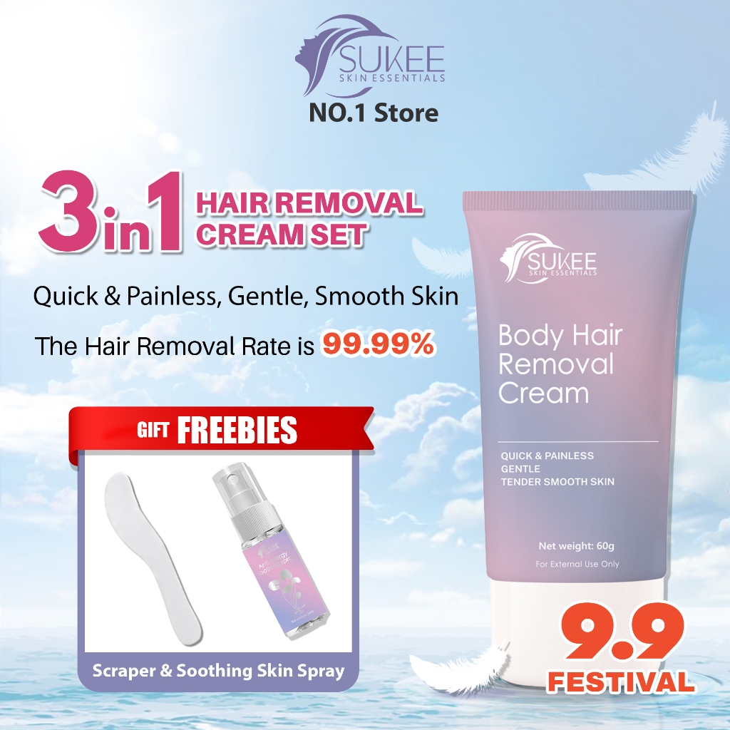SUKEE Hair Removal Cream Painless Set With Soothing Spray Safe Gentle ...