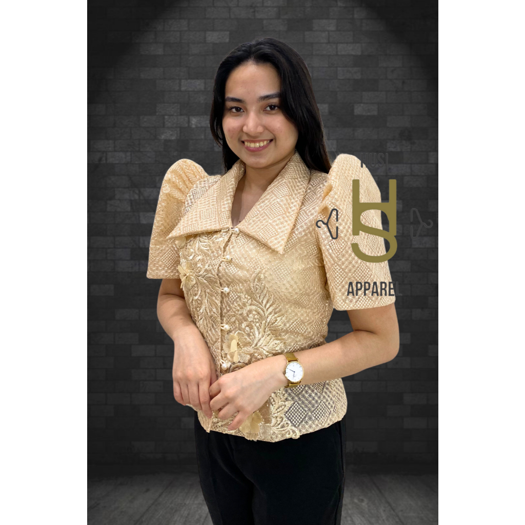 MODERN FILIPINIANA EYELET SPORTS COLLAR TOP | Shopee Philippines