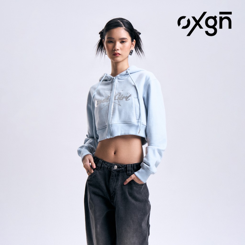 OXGN Cool Girl Zip-Up Cropped Hoodie For Women (Pale Blue) | Shopee ...