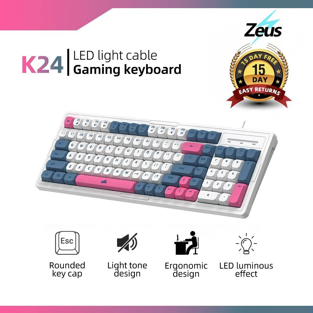 Zeus 96% New K-24 Gaming Keyboard Rainbow Backlit 98 Keys Compact USB ...
