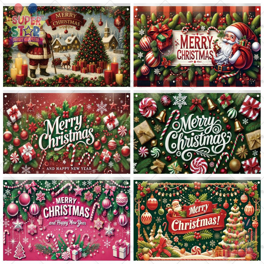 150*100cm Merry Christmas Backdrop Banner Xmas Tree Santa Claus Design ...