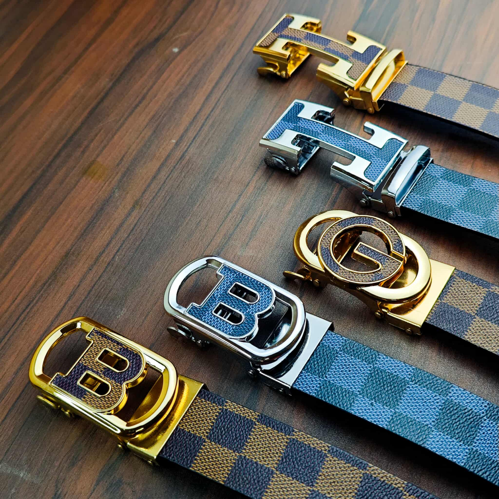 Unisex Automatic Belts Checkered PU Leather Squared Buckle Waist Belt ...