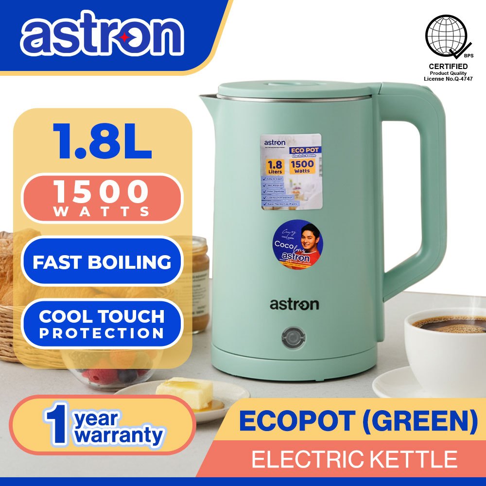 Astron ECOPOT Electric Kettle - Mint Green | 1.8 Liter Capacity | Safe ...