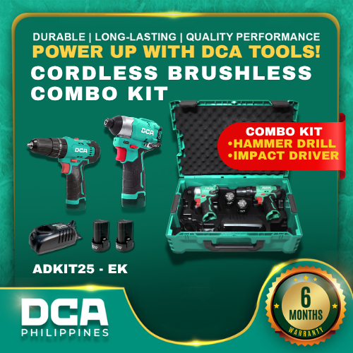 DCA ADKIT25 Cordless Brushless Combo Kit | ADJZ23-10i Driver/Hammer Drill & ADPL04-8 Impact ...