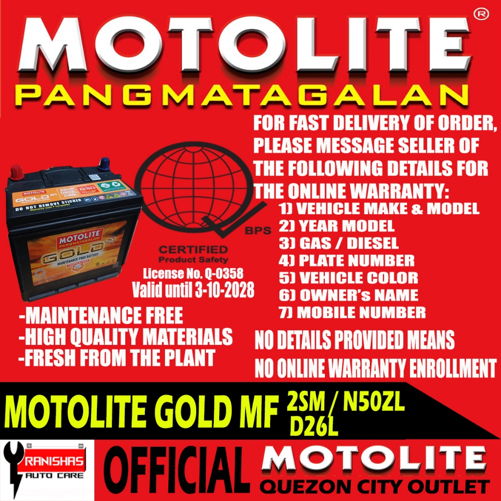 MOTOLITE GOLD 2SMF 2SM Ordinary & Reverse Maintenance Free Battery 2SM ...