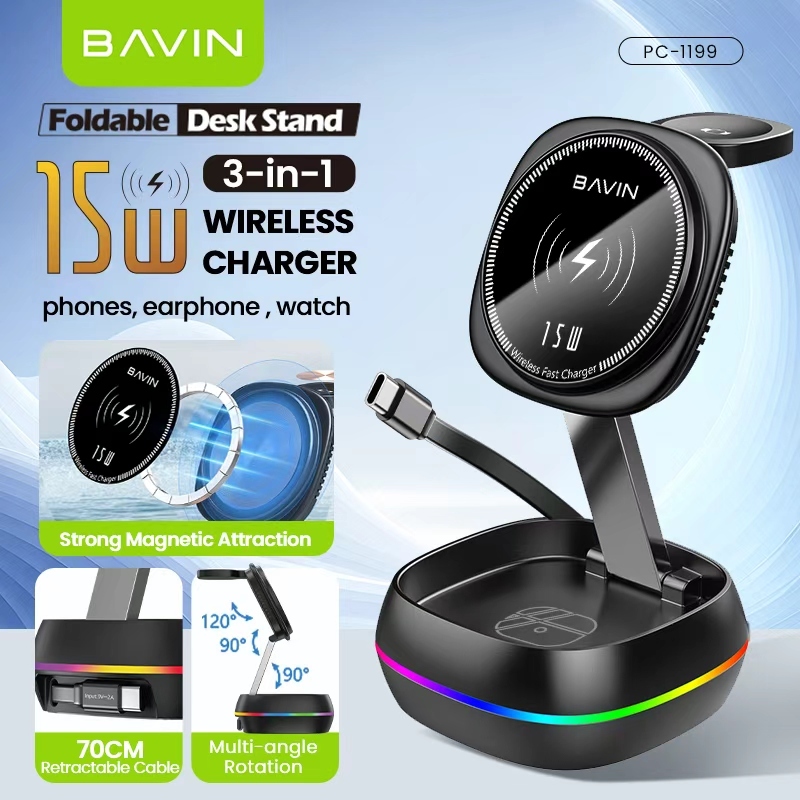 BAVIN 3in1 Magnetic Wireless Charger 15W Type-C Input & Foldable Stand ...