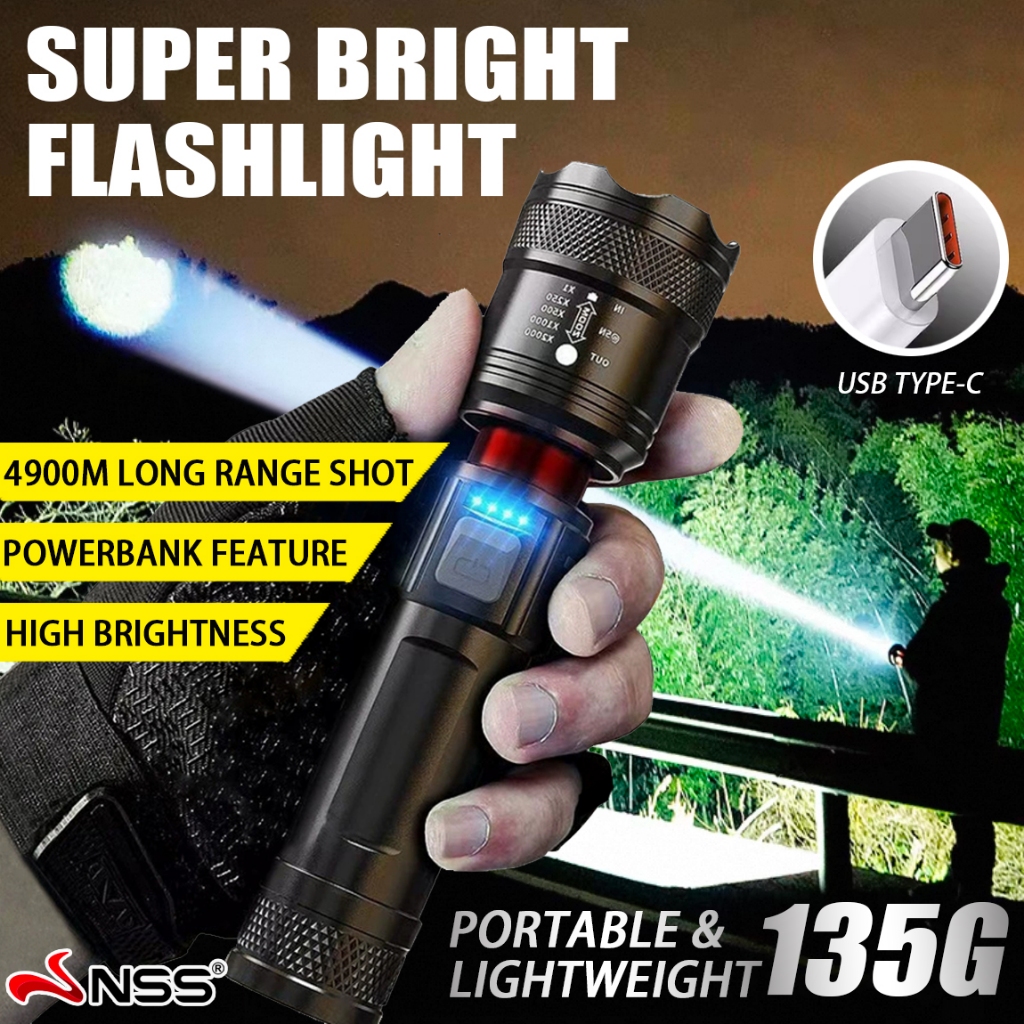 NSS Super Bright Long Shot Flashlight Rechargeable Heavy Duty Zoom ...