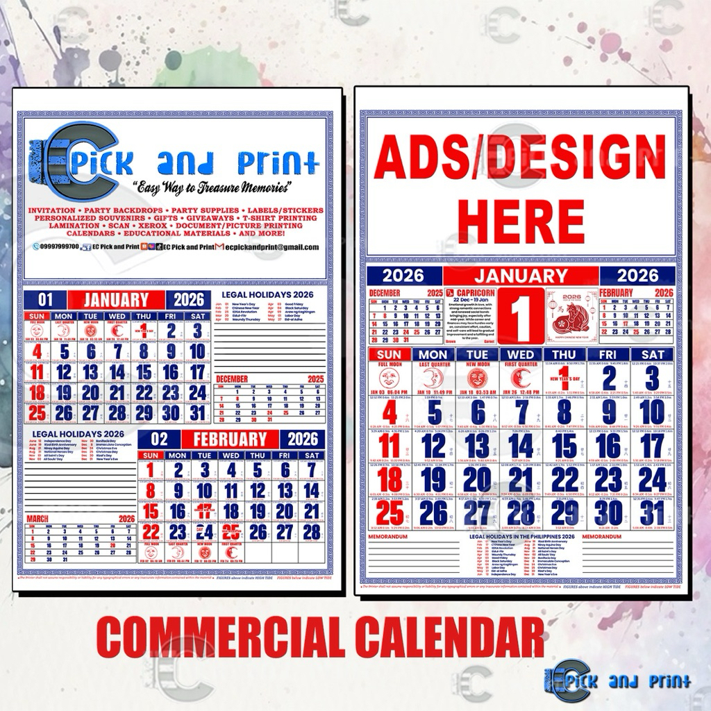 2026 Customized COMMERCIAL CALENDAR with high tide and low tide LEGAL ...